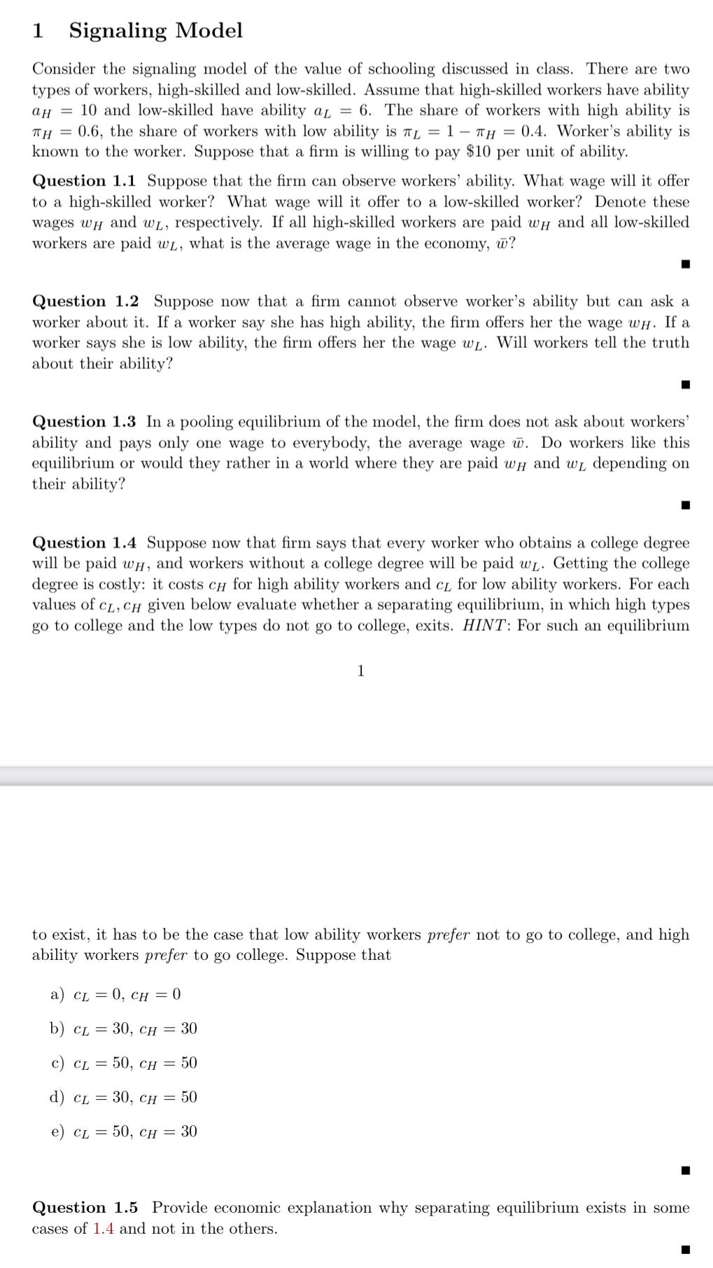 Solved 1 Signaling Model Consider the signaling model of the | Chegg.com