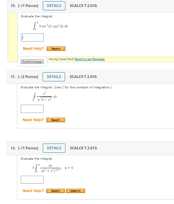 Solved 10. [-/1 Points) DETAILS SCALC9 7.2.010. Evaluate the | Chegg.com