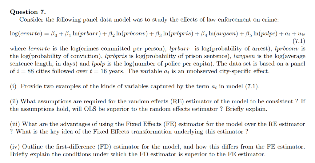 Solved Question 7. Consider the following panel data model | Chegg.com