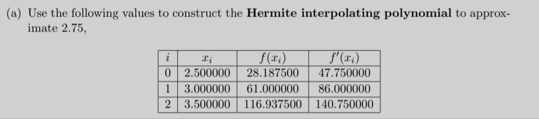 Solved (a) Use the following values to construct the Hermite | Chegg.com