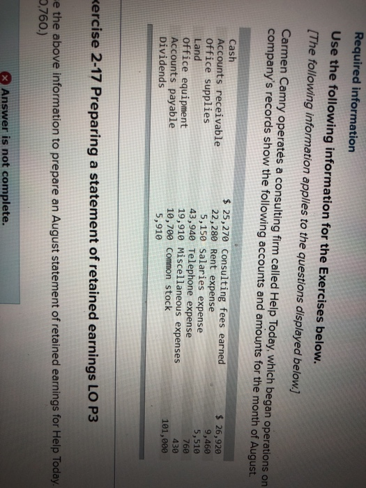 Solved Exercise 2-17 Preparing a statement of retained Use | Chegg.com
