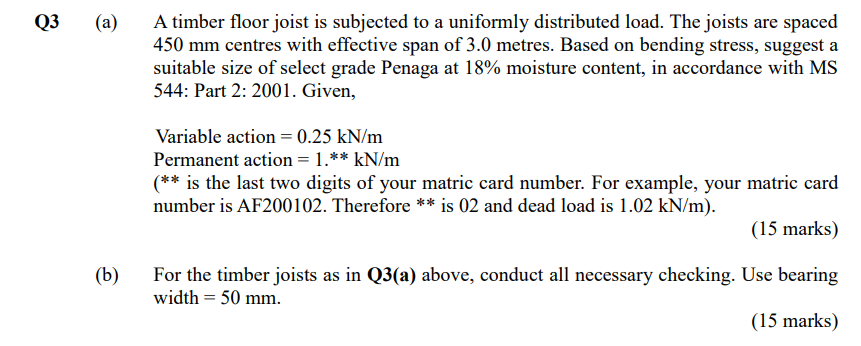 Solved Q3 (a) (b) A timber floor joist is subjected to a | Chegg.com