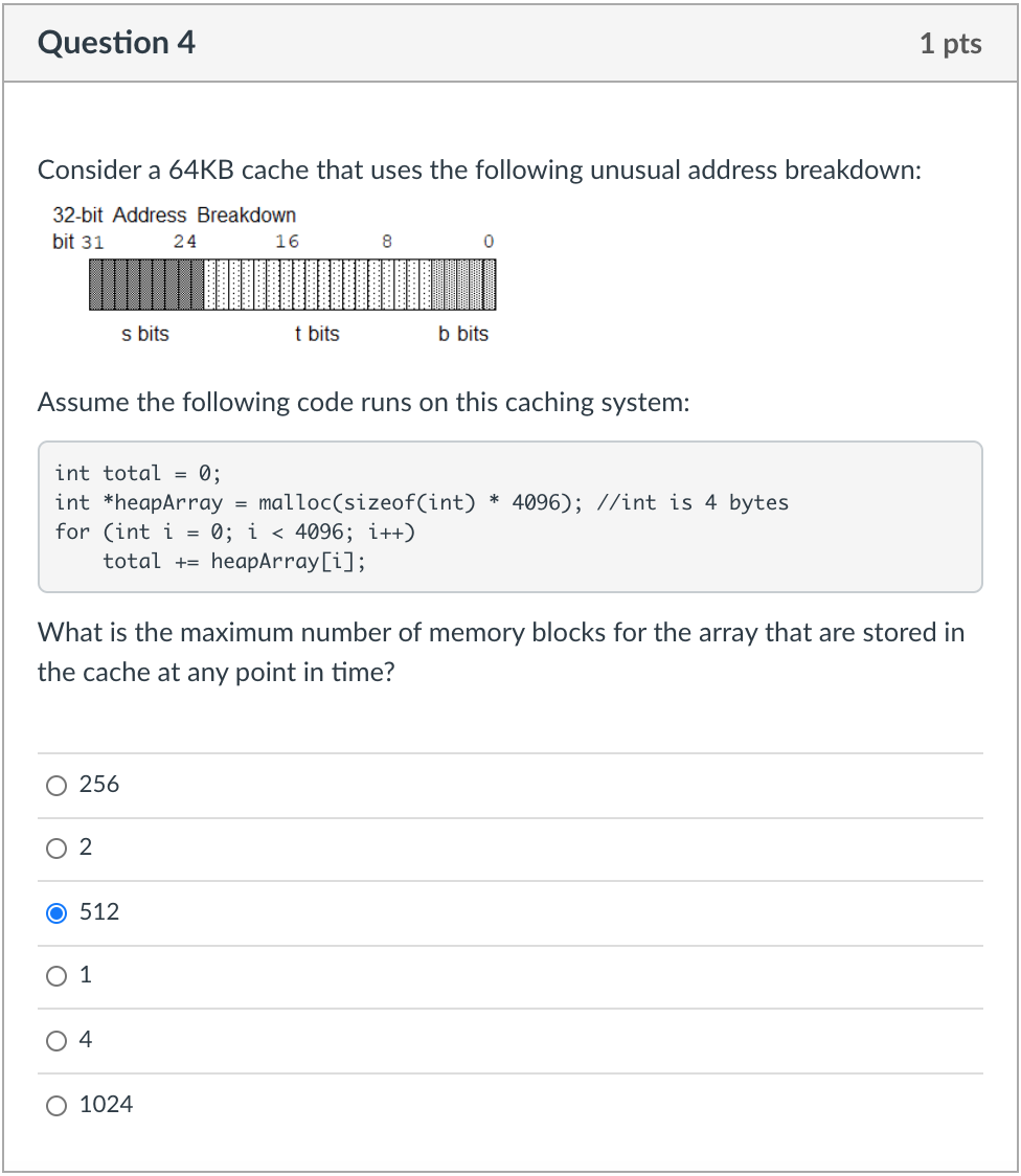 Solved Question 4 1 pts Consider a 64KB cache that uses the | Chegg.com