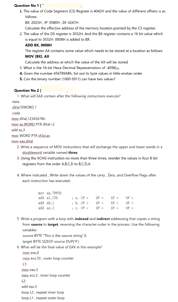 Solved Question No 1 (° 1. The value of Code Segment (CS) | Chegg.com