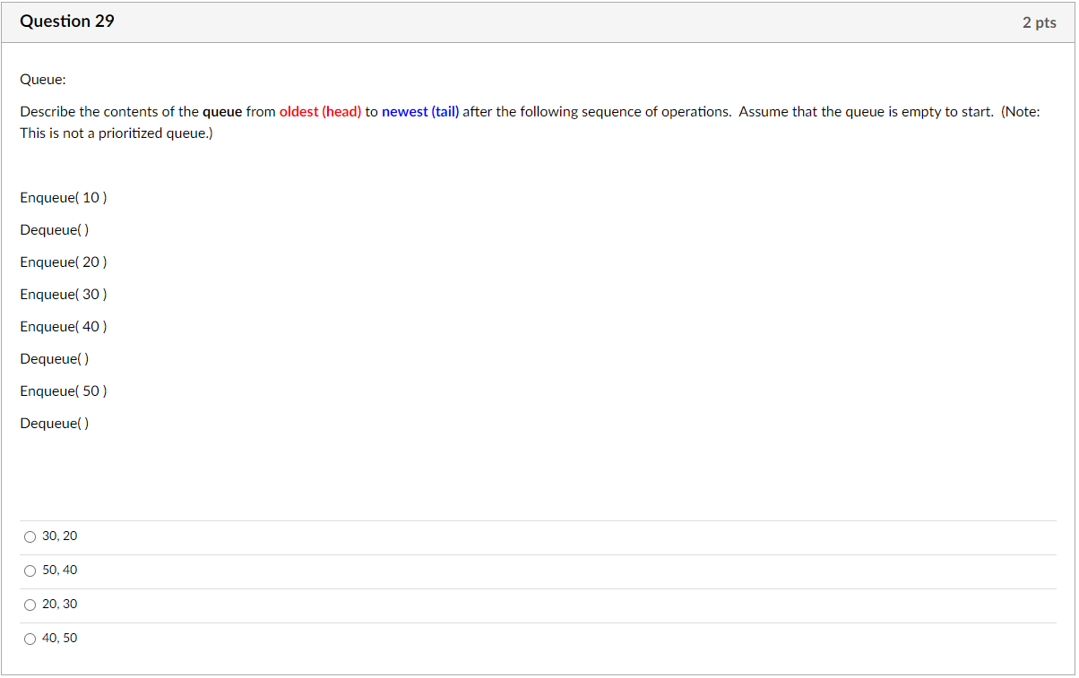 Solved Question 29 2 pts Queue: Describe the contents of the | Chegg.com