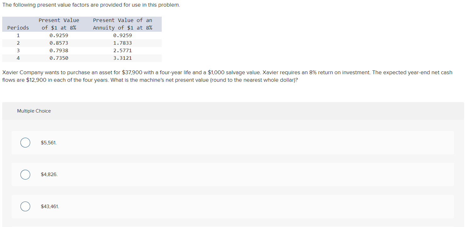 Solved The following present value factors are provided for | Chegg.com