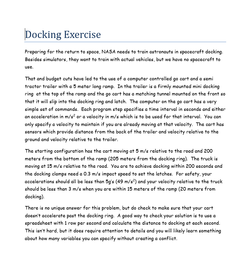 Solved Docking Exercise Preparing for the return to space, | Chegg.com