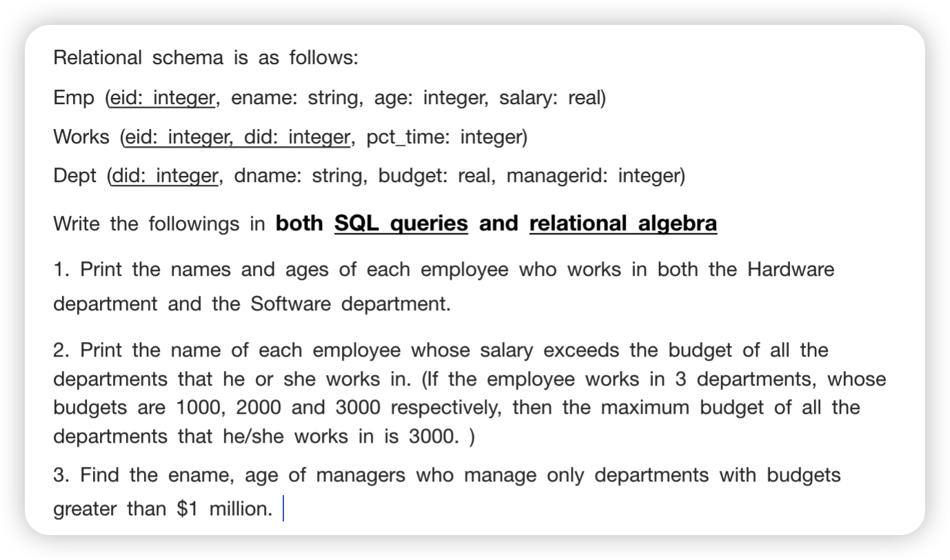Solved Relational schema is as follows: Emp (eid: integer, | Chegg.com