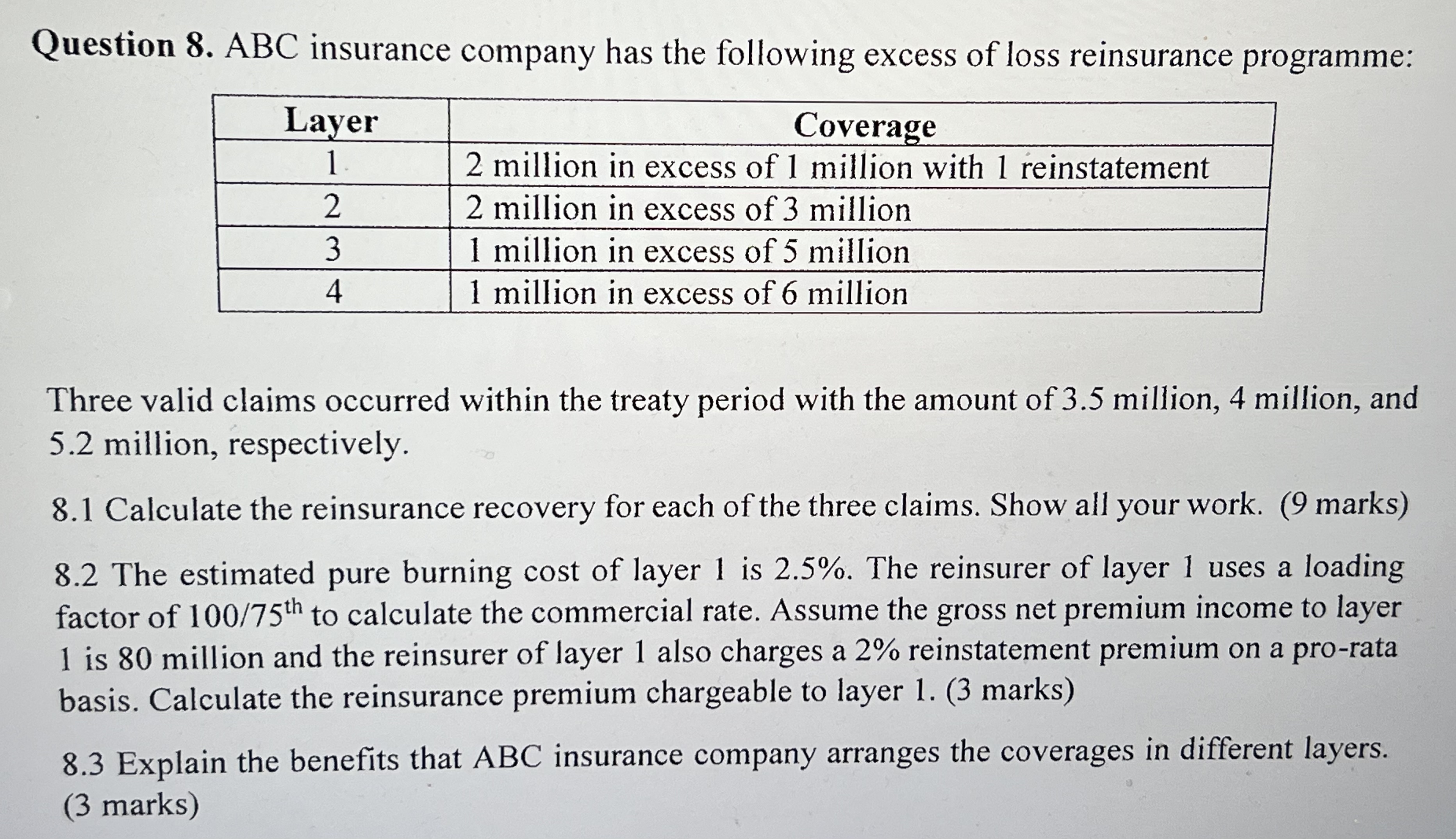 Solved Question 8. ABC insurance company has the following | Chegg.com