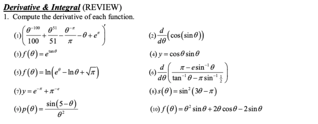 Solved Derivative & Integral (REVIEW) 1. Compute the | Chegg.com