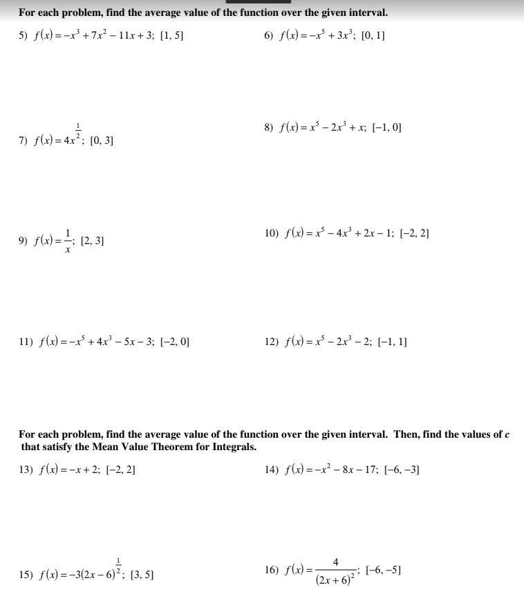 Solved For each problem, find the average value of the | Chegg.com