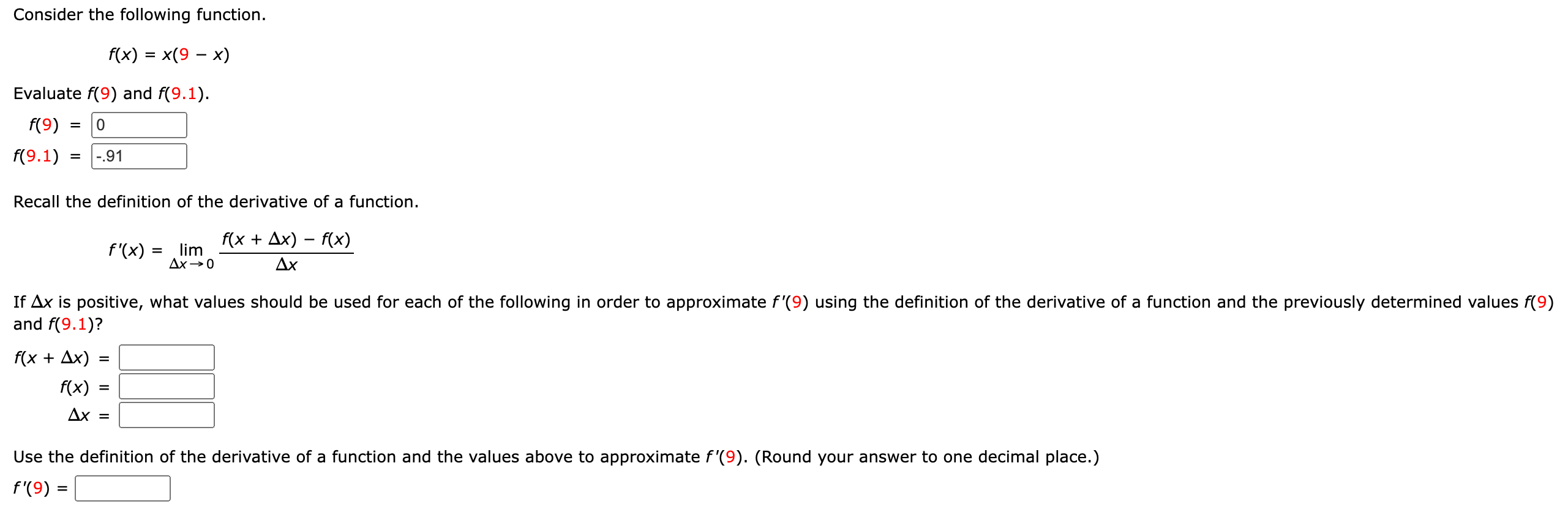 Solved Consider the following function. f(x)=x(9−x) Evaluate | Chegg.com