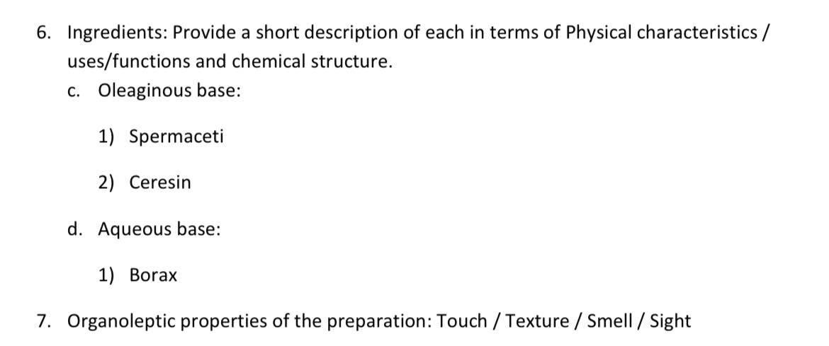 Solved 6. Ingredients: Provide a short description of each | Chegg.com