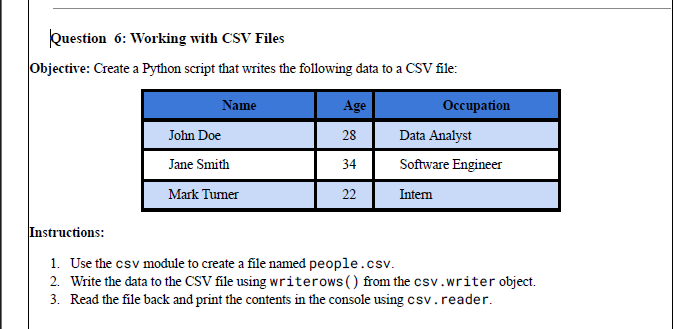 Solved Question 6: Working with CSV FilesObjective: Create a | Chegg.com