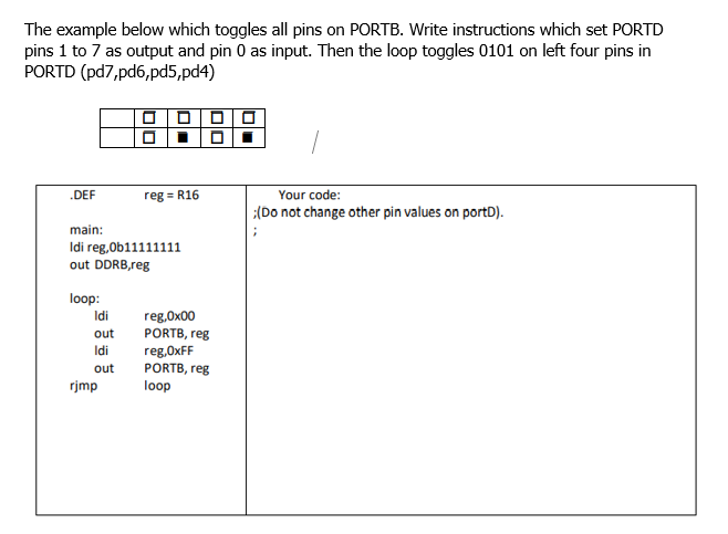 Solved The example below which toggles all pins on PORTB. | Chegg.com