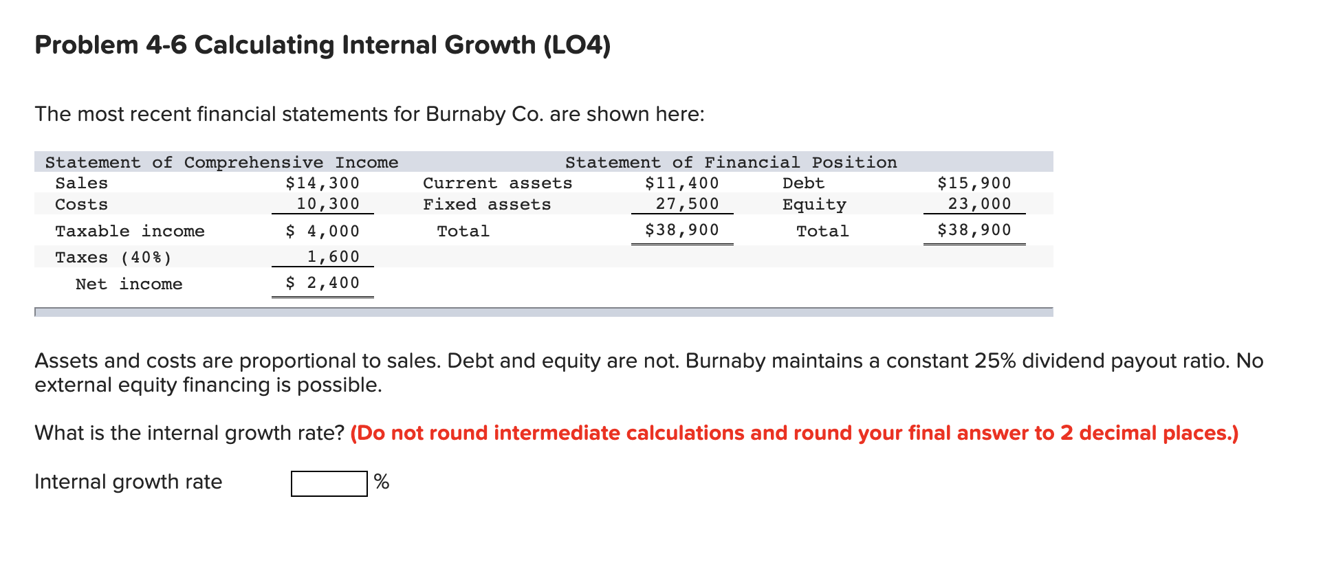 Solved Problem 4-6 Calculating Internal Growth (LO4) The | Chegg.com