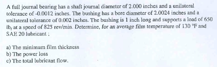 Solved A full journal bearing has a shaft journal diameter | Chegg.com