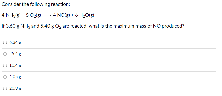 Solved Consider the following reaction: 4 NH3(g) + 5 O2(g) + | Chegg.com