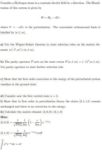 Consider a Hydrogen atom in a constant electric field | Chegg.com