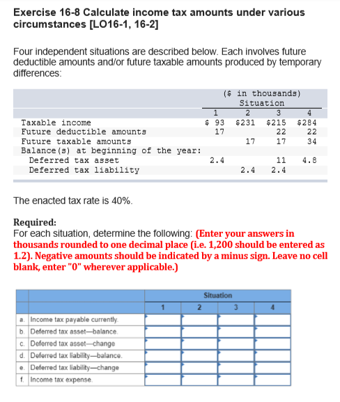 Solved Exercise 16-8 Calculate income tax amounts under | Chegg.com