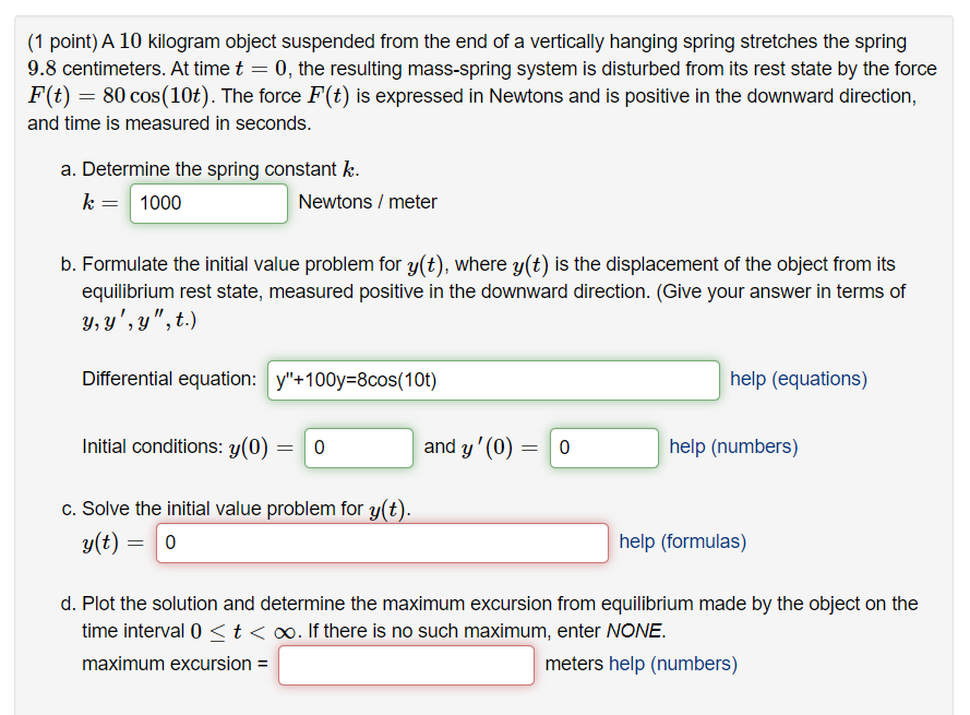 Solved (1 point) A 10 kilogram object suspended from the end | Chegg.com