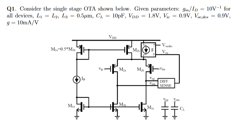 Q1. Consider the single stage OTA shown below. Given | Chegg.com