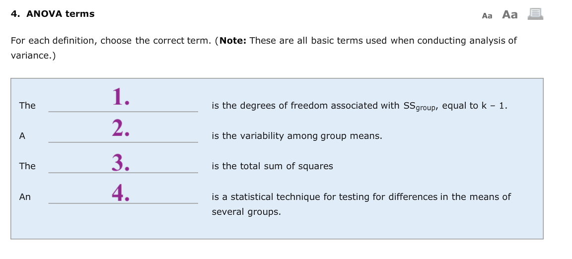 Solved 4. ANOVA terms Aa Aa E For each definition, choose | Chegg.com
