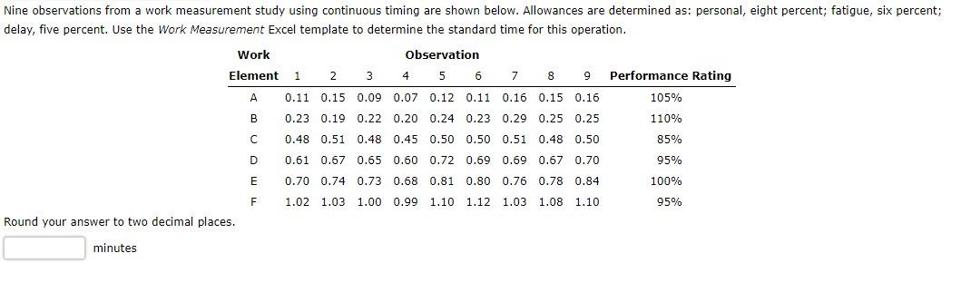 Solved Nine observations from a work measurement study using | Chegg.com