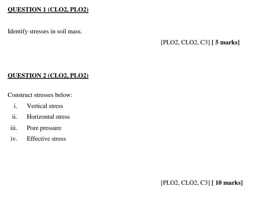 QUESTION 1 (CLO2, PLO2) Identify stresses in soil | Chegg.com