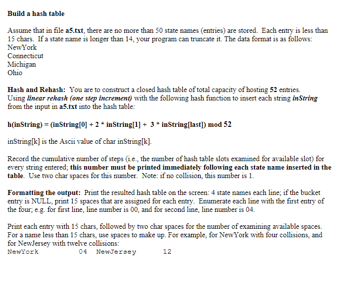 Build a hash table Assume that in file a5.txt, there | Chegg.com
