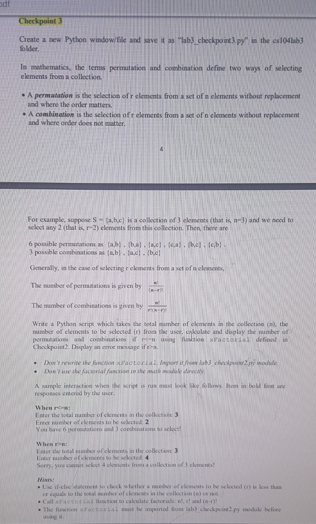 Solved df Checkpoint 3 Create a new Python window/file and | Chegg.com