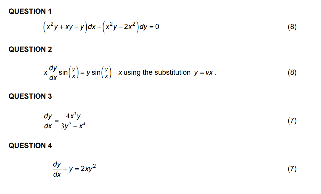 Solved QUESTION 1 (x2y+xy−y)dx+(x2y−2x2)dy=0 QUESTION 2 | Chegg.com