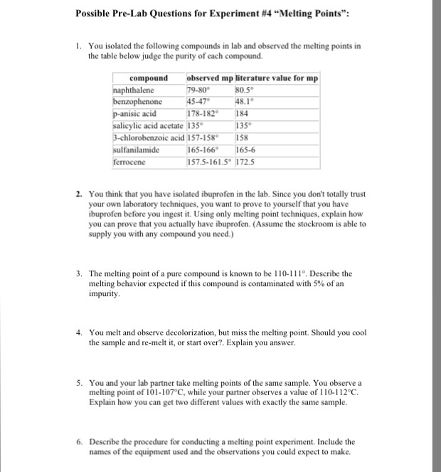 Solved Possible Pre-Lab Questions for Experiment #4 “Melting | Chegg.com