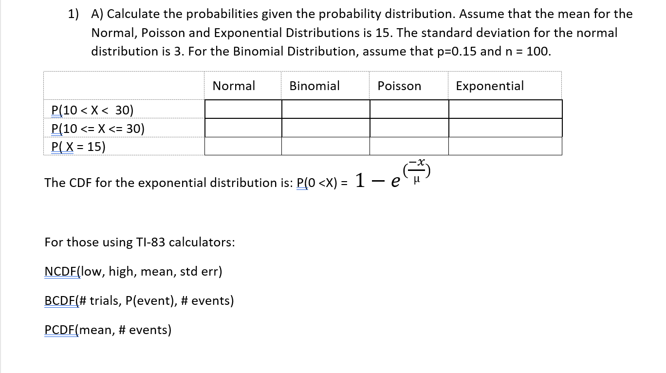 Solved 1) A) Calculate the probabilities given the | Chegg.com