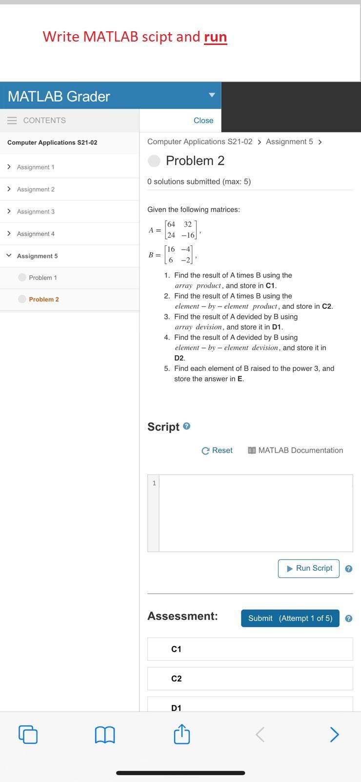 Solved Write Matlab Scipt And Run Matlab Grader E Contents 