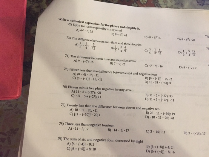 Solved Write a numerical expression for the phrase and | Chegg.com