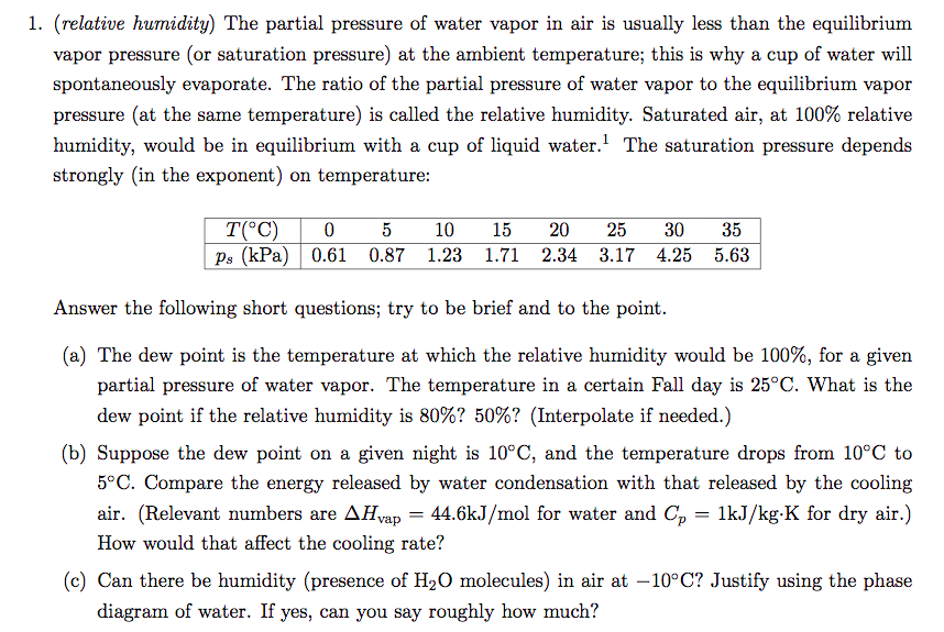 Solved 1. (relative humidity) The partial pressure of water | Chegg.com