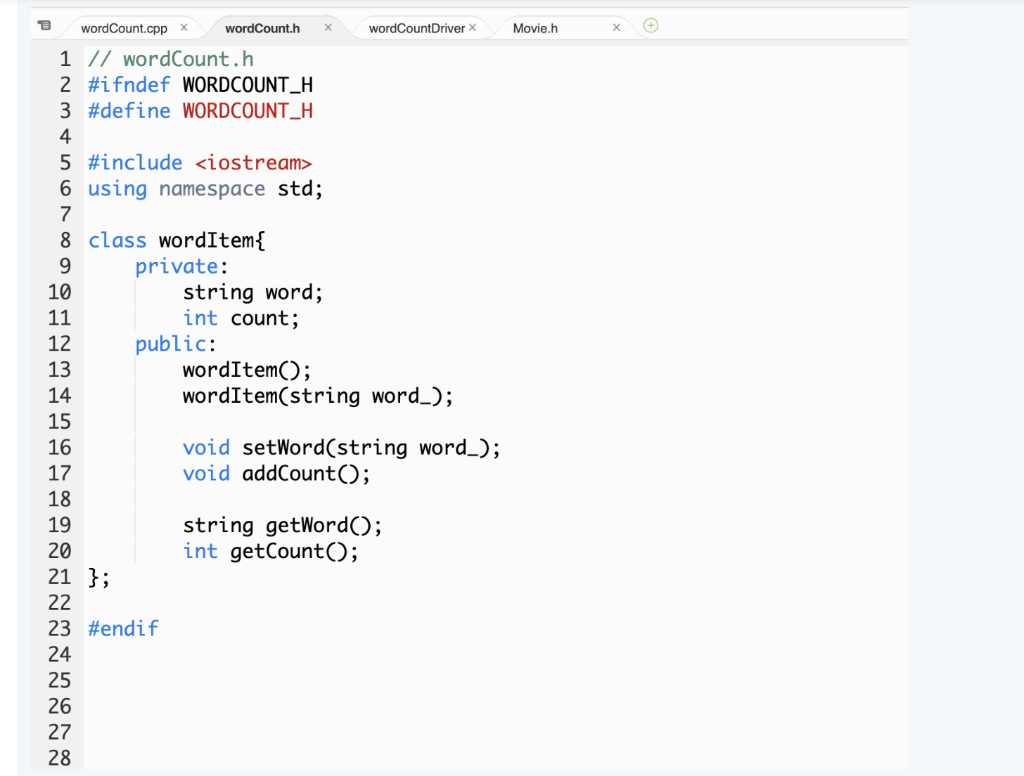 Solved wordCountDriver Movie. h X wordCount.cpp wordCount.h | Chegg.com
