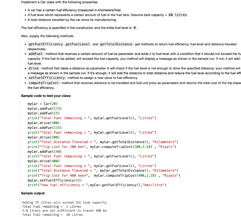 Solved Implement a Car class with the following properties. | Chegg.com