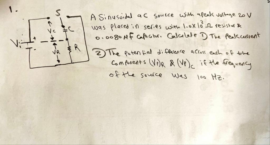 Solved A Sinusoidal aC source with apeak voltage 20 V was | Chegg.com