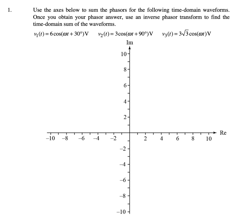 Solved 1. Use the axes below to sum the phasors for the | Chegg.com