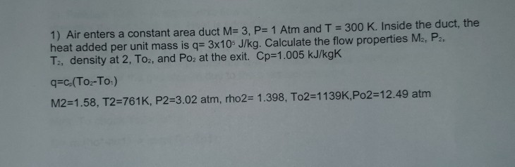 1) Air enters a constant area duct M- 3, P- 1 Atm and | Chegg.com