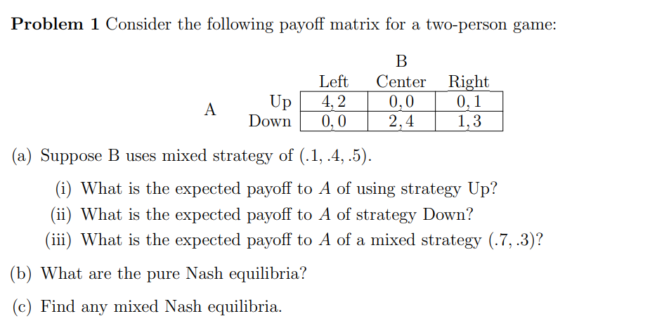 Solved Problem 1 Consider the following payoff matrix for a | Chegg.com