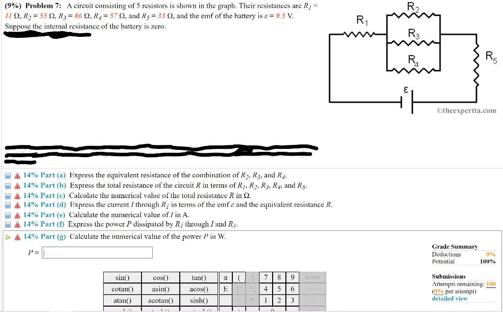 (9%) Problem 7: A circuit consisting of 5 resistors | Chegg.com