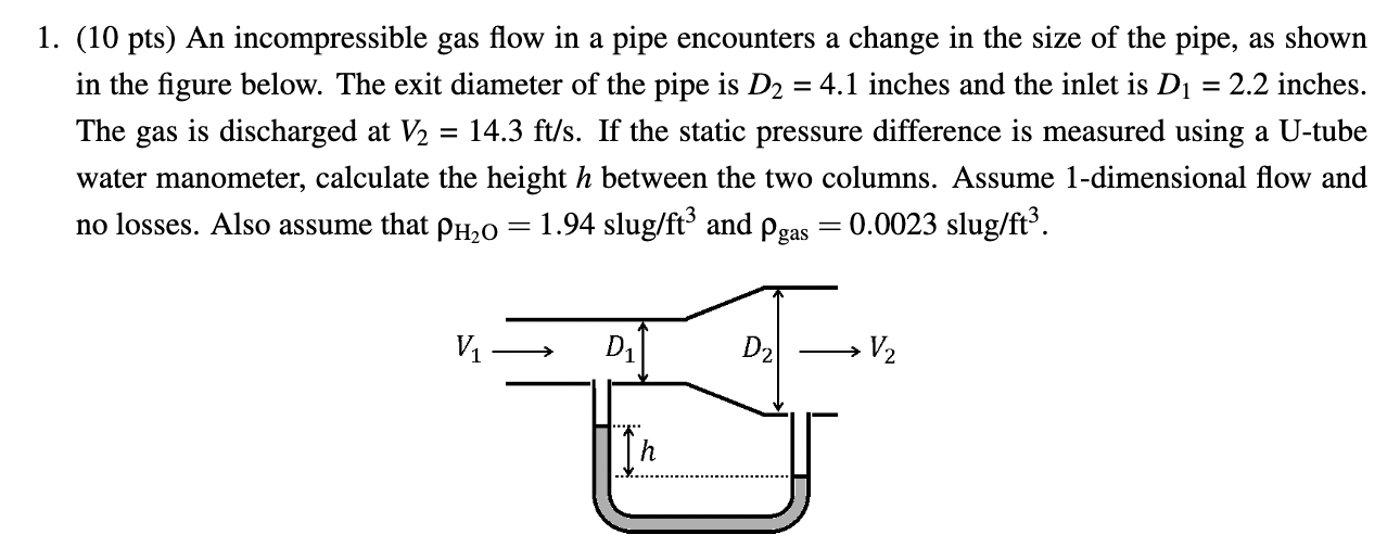 Solved 1. (10 pts) An incompressible gas flow in a pipe | Chegg.com