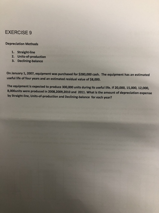 Solved EXERCISE 9 Depreciation Methods 1. Straight-line 2. | Chegg.com