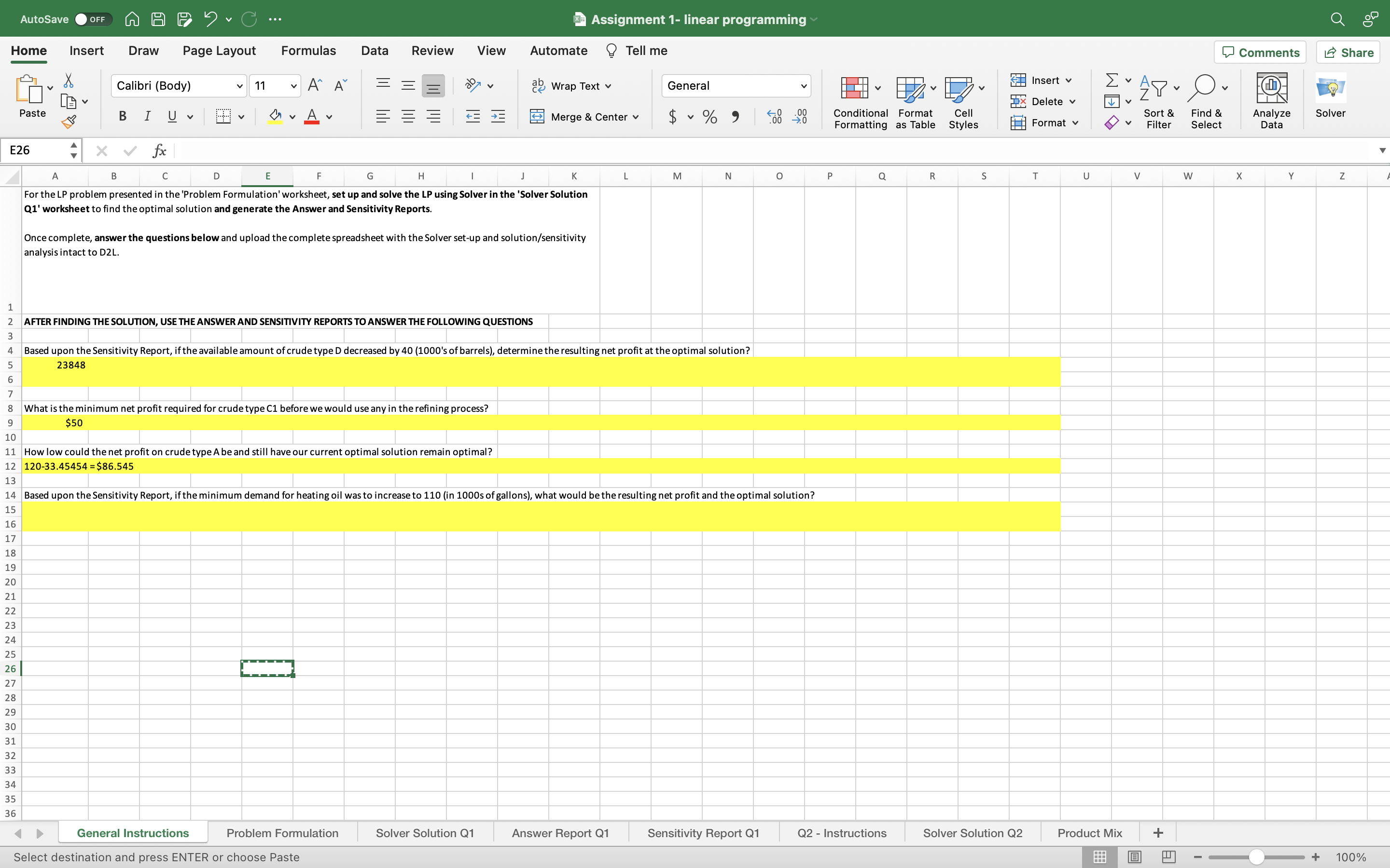 Solved AutoSave Assignment 1- linear programming Home Insert | Chegg.com