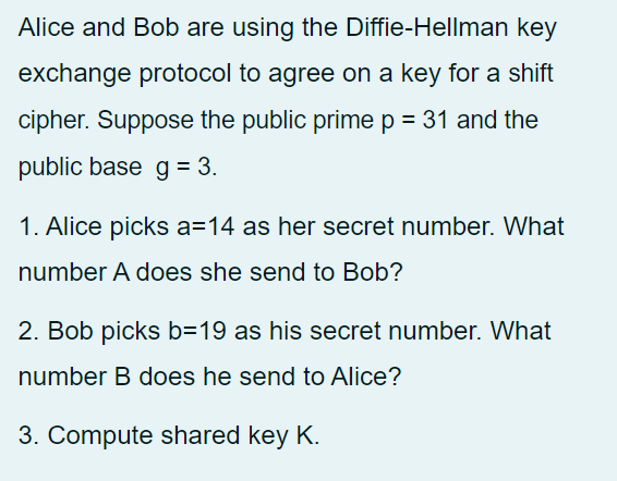 Solved Alice and Bob are using the Diffie-Hellman key | Chegg.com