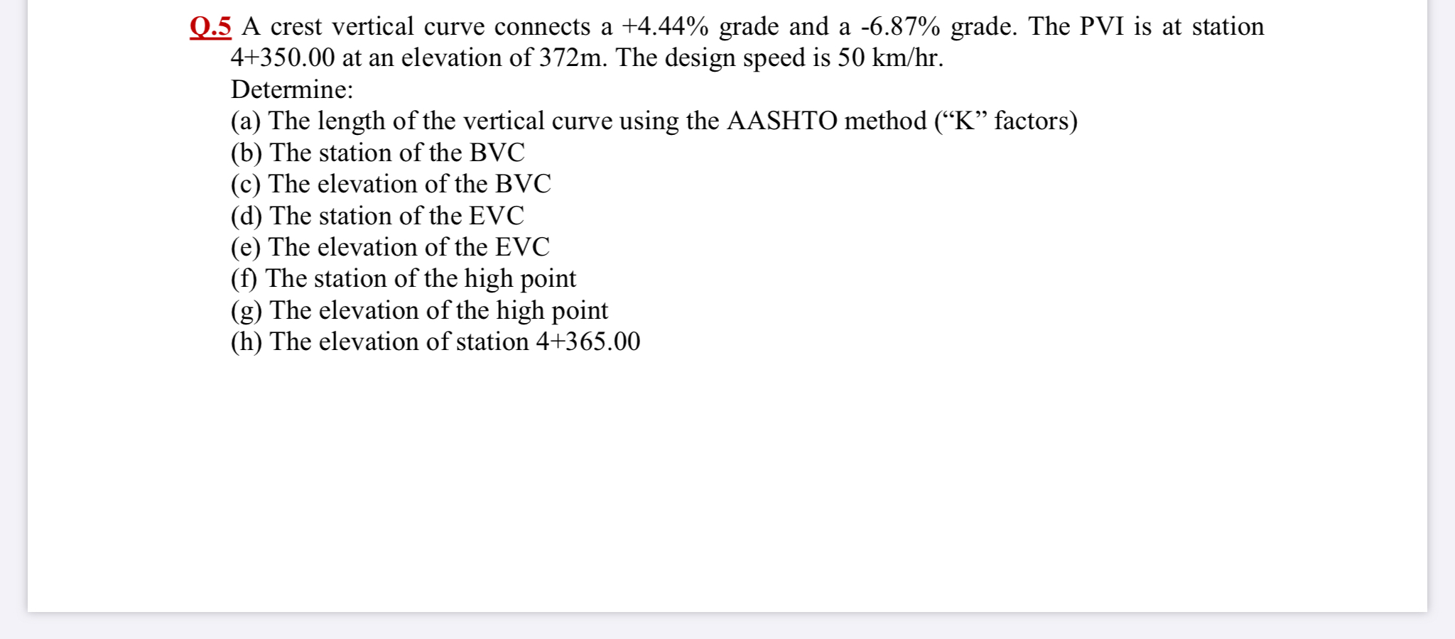 Solved Q.5 A crest vertical curve connects a +4.44% grade | Chegg.com