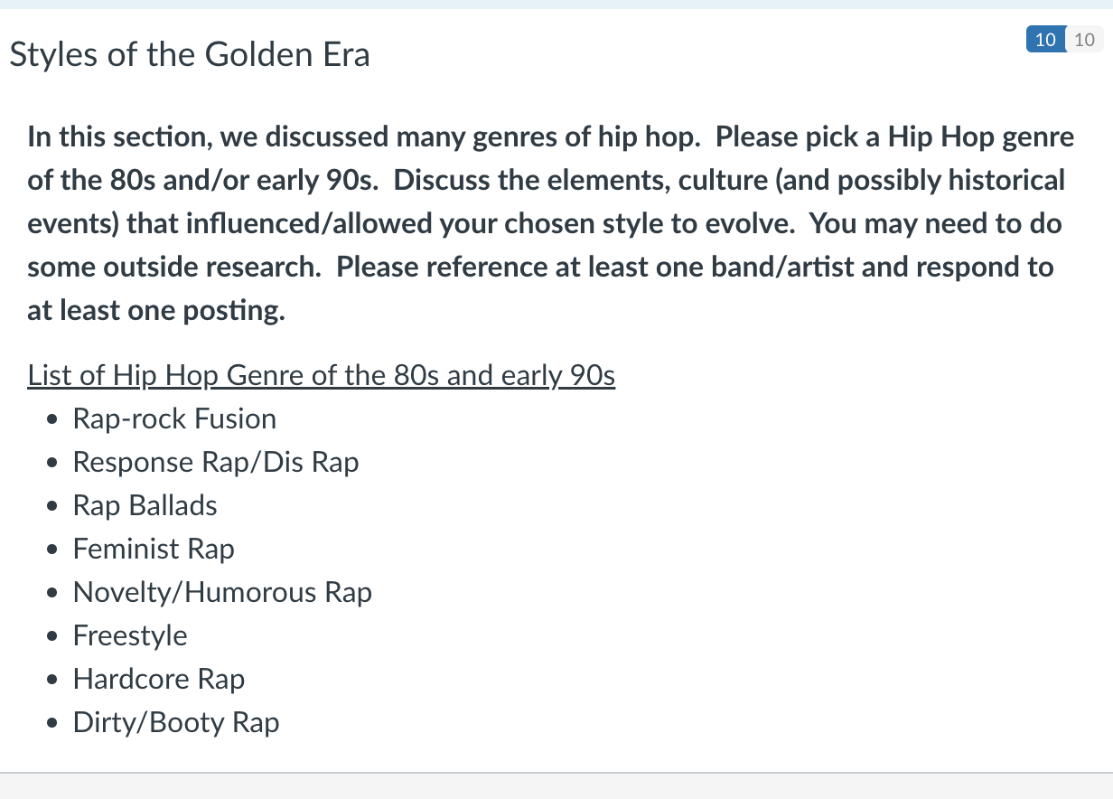 In this section, we discussed many genres of hip hop. | Chegg.com